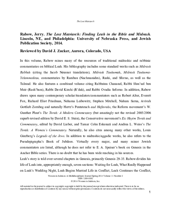(PDF) Rabow, Jerry. The Lost Matriarch: Finding Leah in the Bible and ...