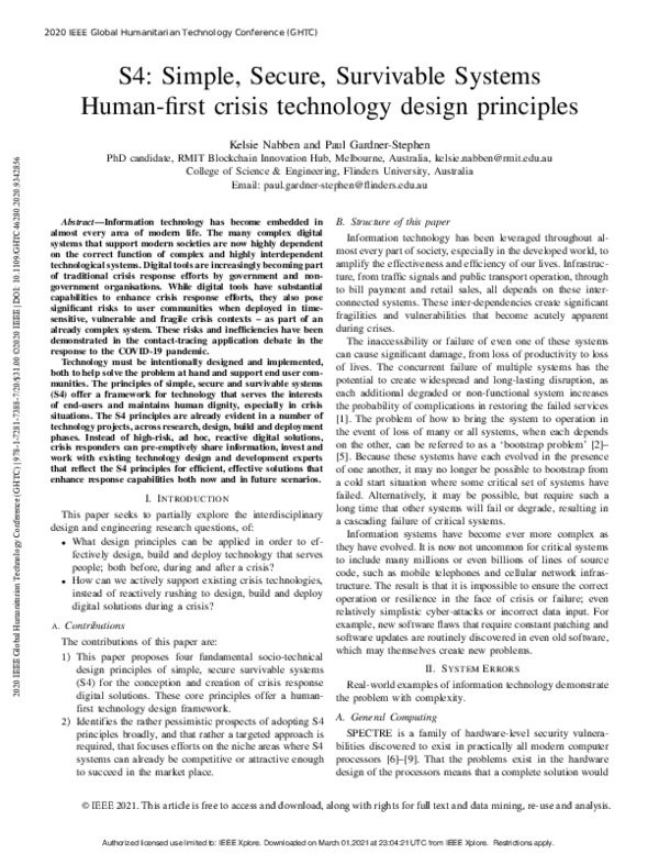 (PDF) S4: Simple, Secure, Survivable Systems Human-first crisis technology design principles
