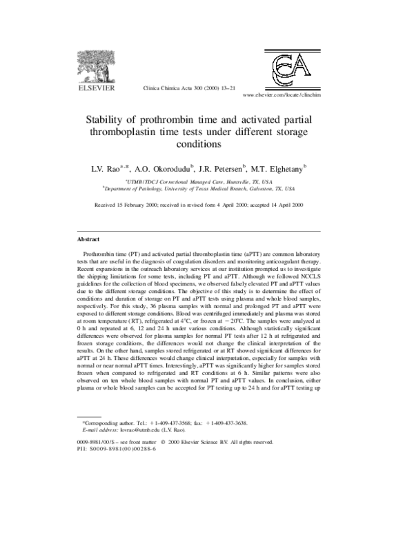(PDF) Stability of prothrombin time and activated partial ...
