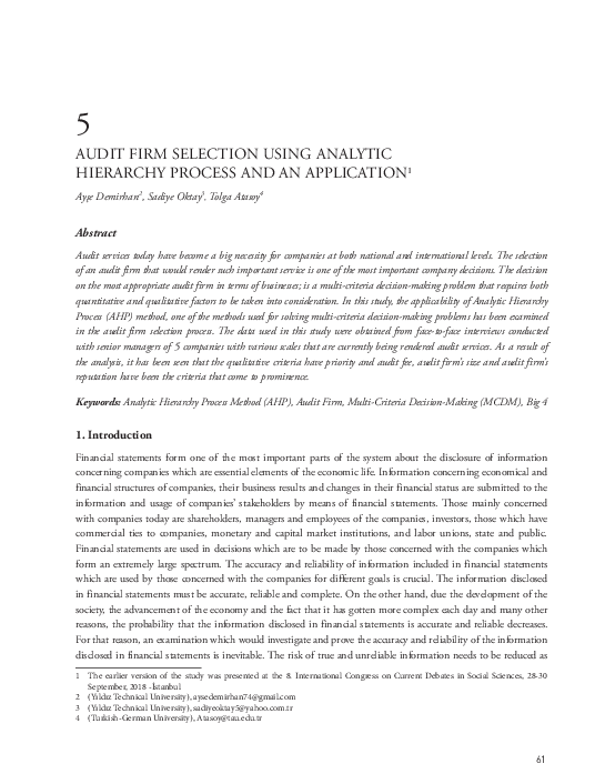 (PDF) Audit Firm Selection Using Analytic Hierarchy Process (AHP) and An Application
