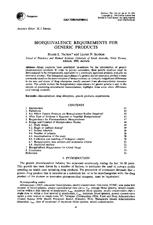 (PDF) Bioequivalence requirements for generic products