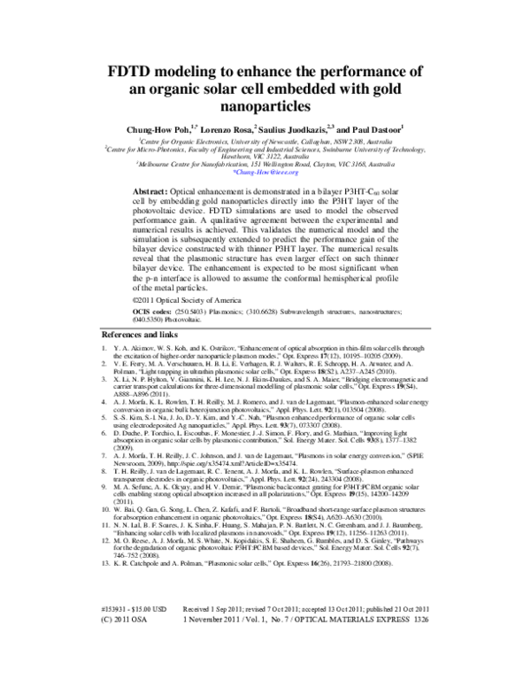 (PDF) Enhancing Organic Solar Cells with Gold Nanoparticles: FDTD Model