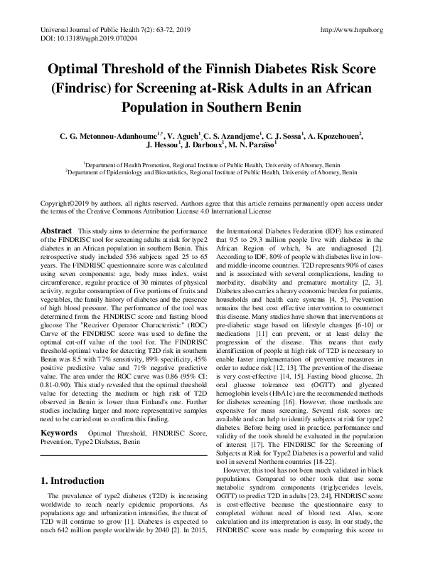 (PDF) Optimal Threshold of the Finnish Diabetes Risk Score (Findrisc ...