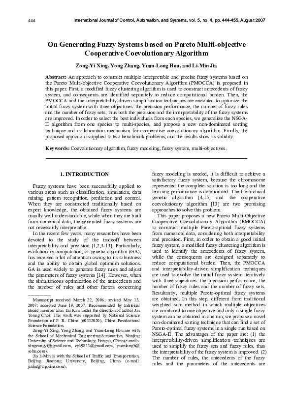 Pdf On Generating Fuzzy Systems Based On Pareto Multi Objective Cooperative Coevolutionary