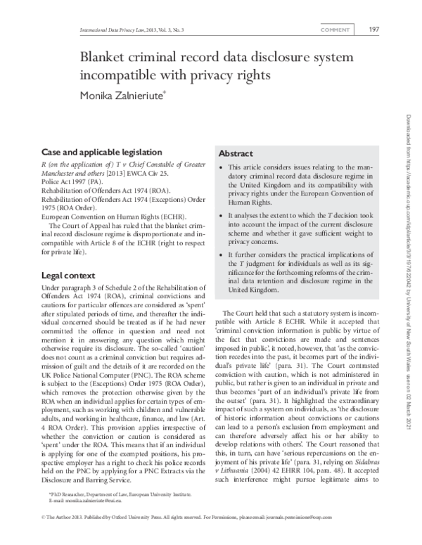(PDF) Blanket Criminal Record Data Disclosure System Incompatible with ...