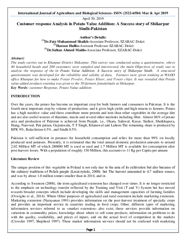 (PDF) Customer response Analysis in Potato Value Addition: A Success ...