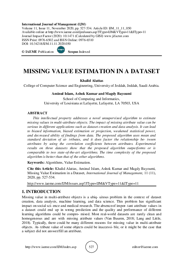 (PDF) Missing Value Estimation in a Dataset