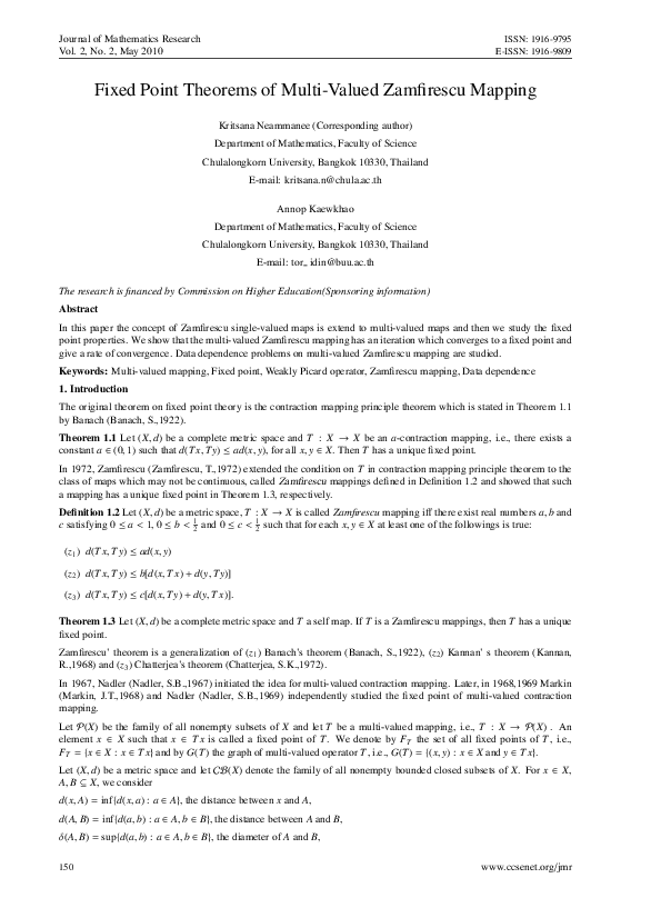 (PDF) Fixed Point Theorems of Multi-Valued Zamfirescu Mapping