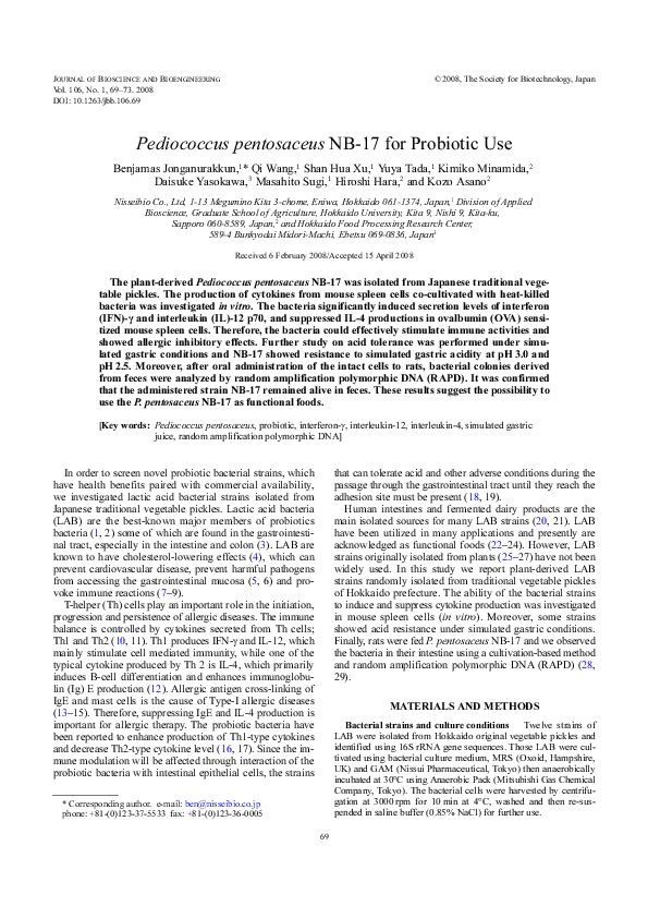 (PDF) Pediococcus pentosaceus NB-17 for probiotic use