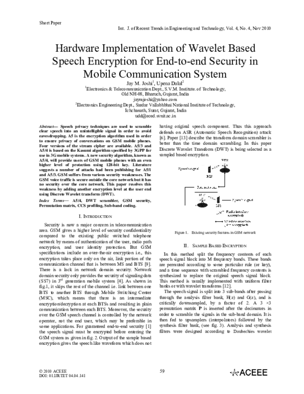 Pdf Hardware Implementation Of Wavelet Based Speech Encryption For End To End Security In