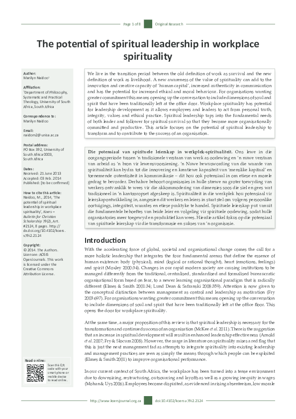 (PDF) The potential of spiritual leadership in workplace spirituality