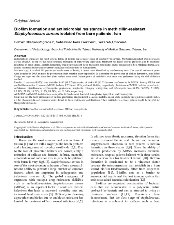 (PDF) Biofilm formation and antimicrobial resistance in methicillin-resistant Staphylococcus ...