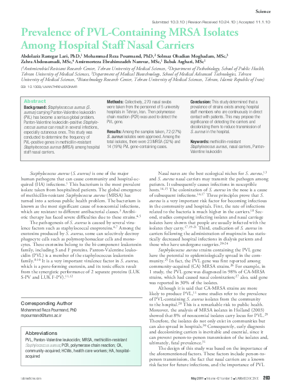 (PDF) Prevalence of PVL-Containing MRSA Isolates Among Hospital Staff ...