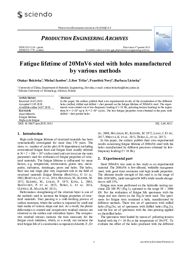(PDF) FATIGUE LIFETIME OF 20MnV6 STEEL WITH HOLES MANUFACTURED BY ...