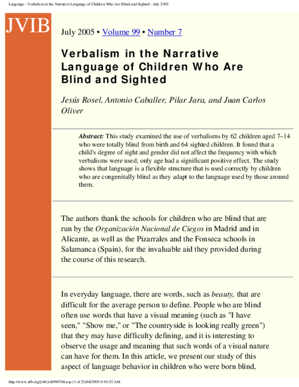 (PDF) Verbalism in the Narrative Language of Children who are Blind and ...
