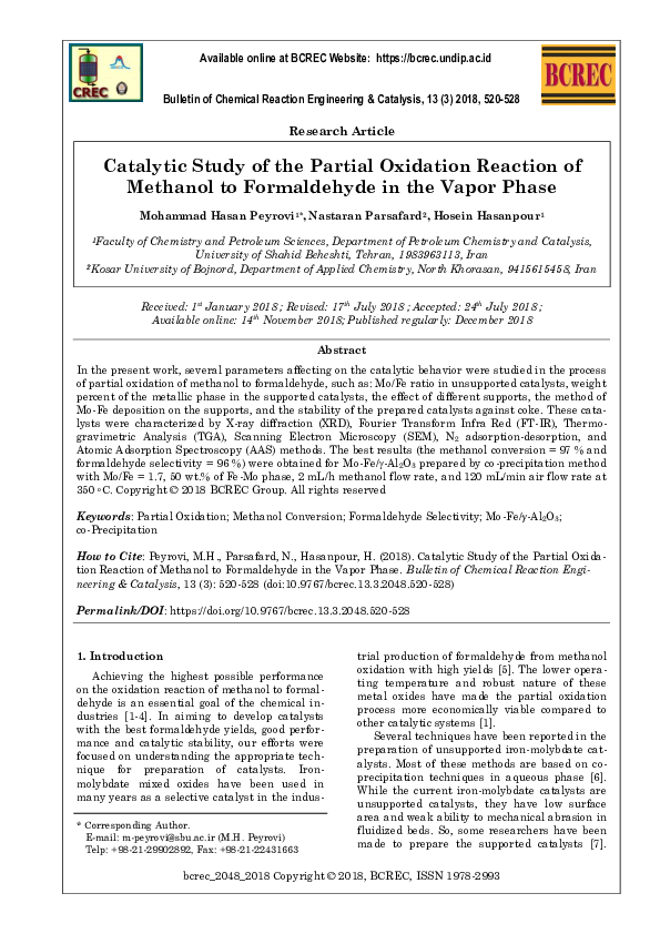 (PDF) Catalytic Study of the Partial Oxidation Reaction of Methanol to ...