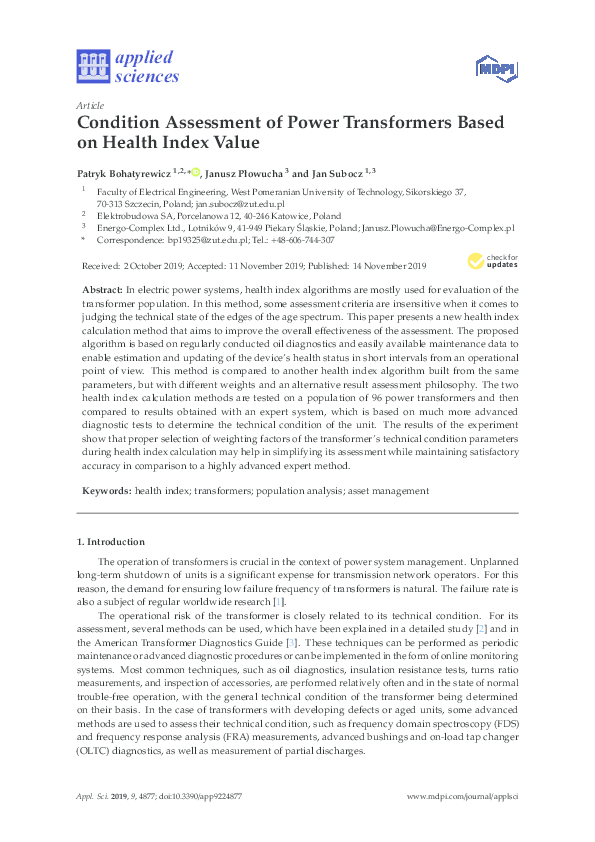 Pdf Condition Assessment Of Power Transformers Based On Health Index Value