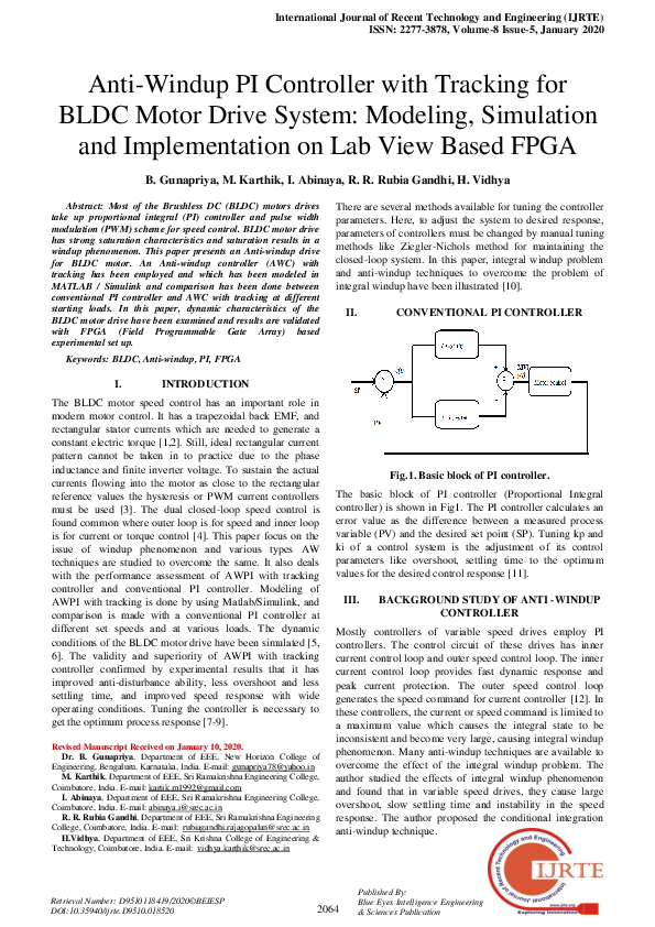 Pdf Anti Windup Pi Controller With Tracking For Bldc Motor Drive System Modeling Simulation