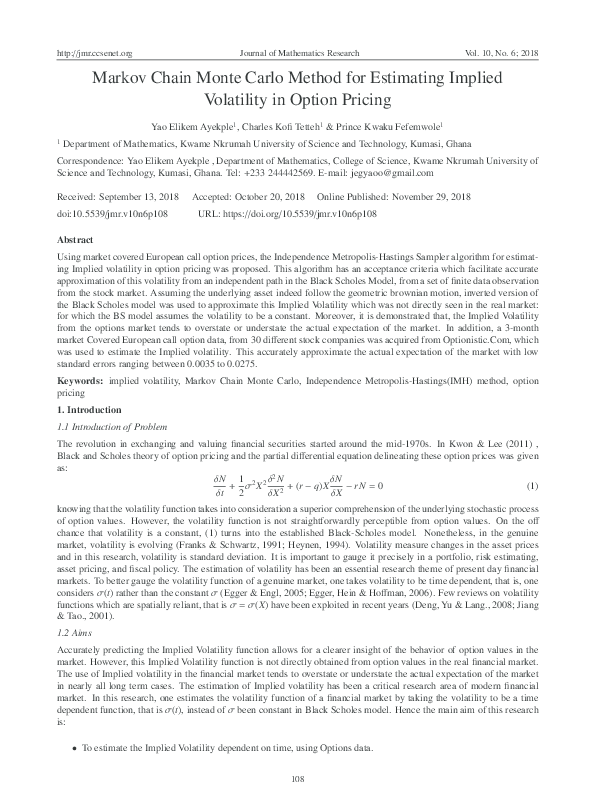 Pdf Markov Chain Monte Carlo Method For Estimating Implied Volatility In Option Pricing