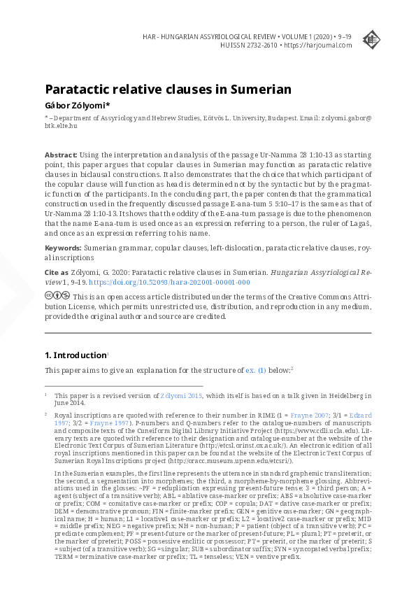 (PDF) Paratactic Relative Clauses in Sumerian