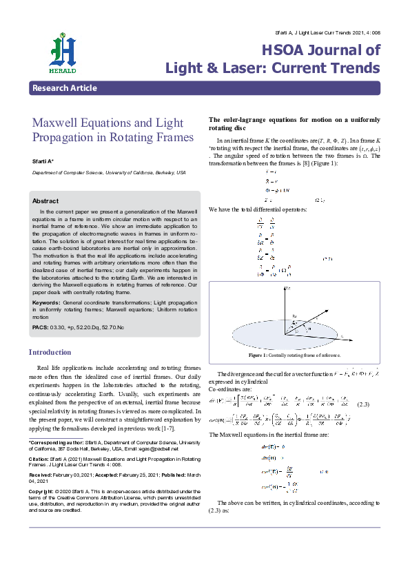 (PDF) Maxwell Equations and Light Propagation in Rotating Frames