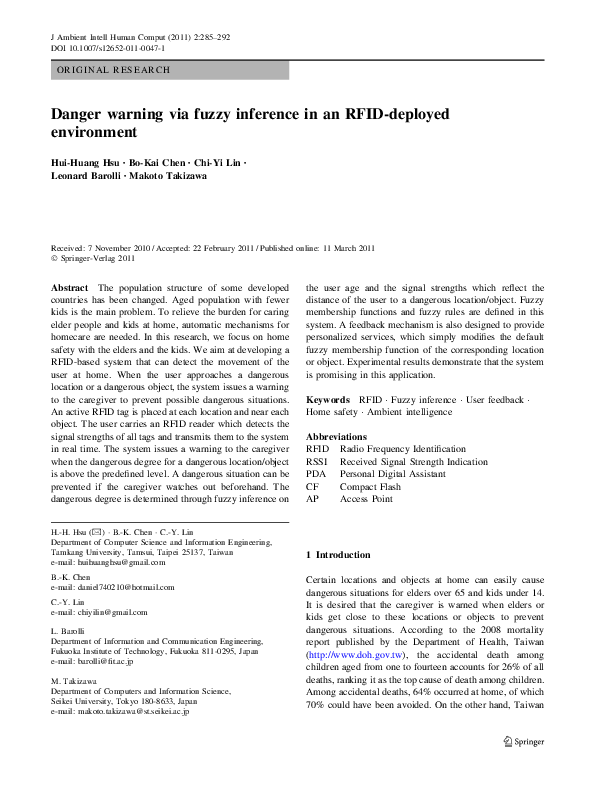 (PDF) Danger warning via fuzzy inference in an RFID-deployed environment
