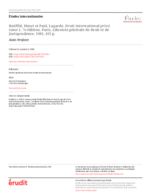 (PDF) Batiffol, Henri et Paul, Lagarde. Droit international privé, tome 1, 7e édition. Paris ...