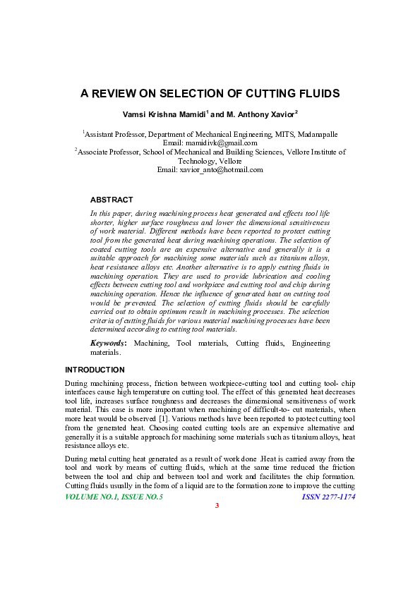 (PDF) A Review on Selection of Cutting Fluids
