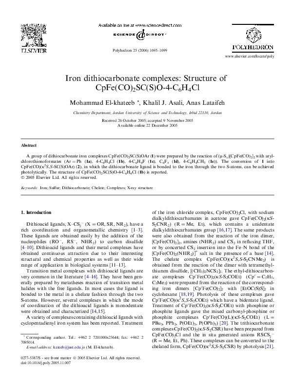 (PDF) Iron dithiocarbonate complexes: Structure of CpFe(CO)2SC(S)O-4-C6H4Cl