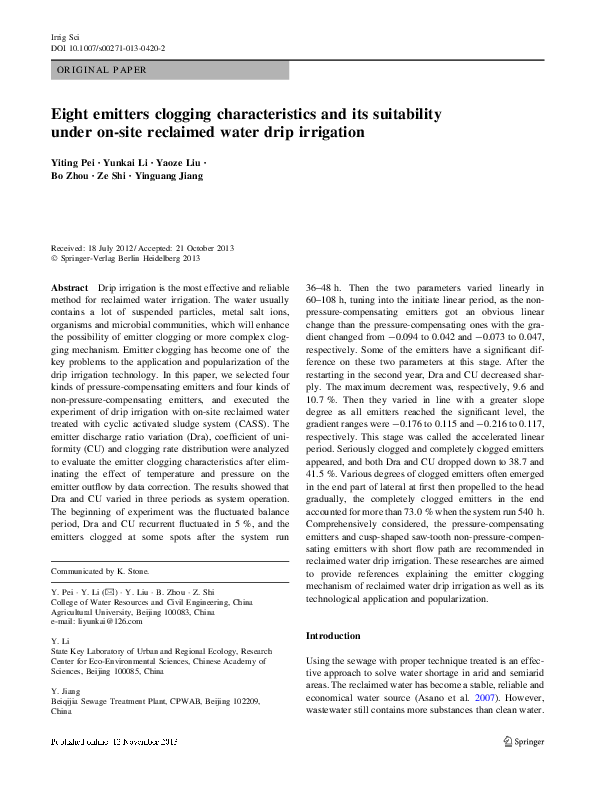 (PDF) Eight emitters clogging characteristics and its suitability under ...
