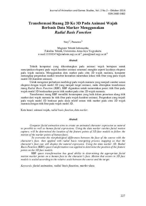 (PDF) Transformasi Ruang 2D Ke 3D Pada Animasi Wajah Berbasis Data Marker Menggunakan Radial ...