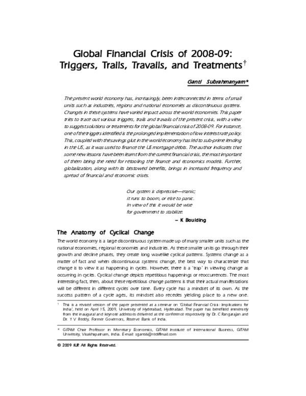 (PDF) Global Financial Crisis of 2008-09: Triggers, Trails, Travails ...