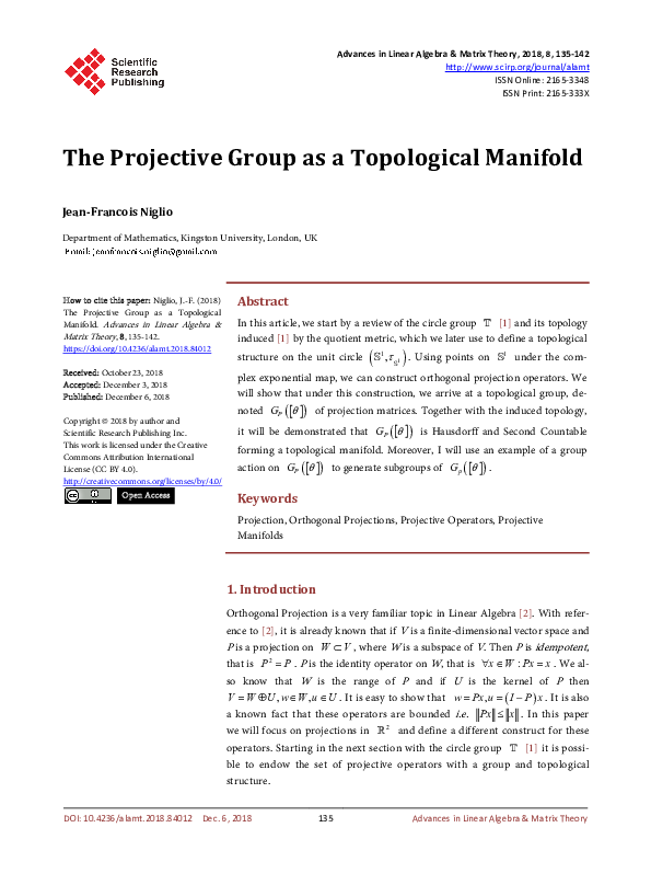 (PDF) The Projective Group as a Topological Manifold