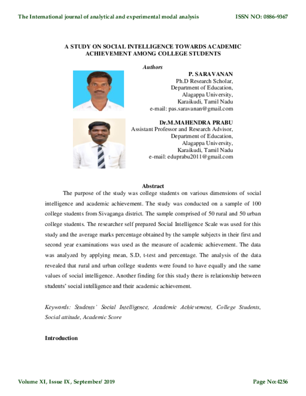 (PDF) A STUDY ON SOCIAL INTELLIGENCE TOWARDS ACADEMIC ACHIEVEMENT AMONG ...