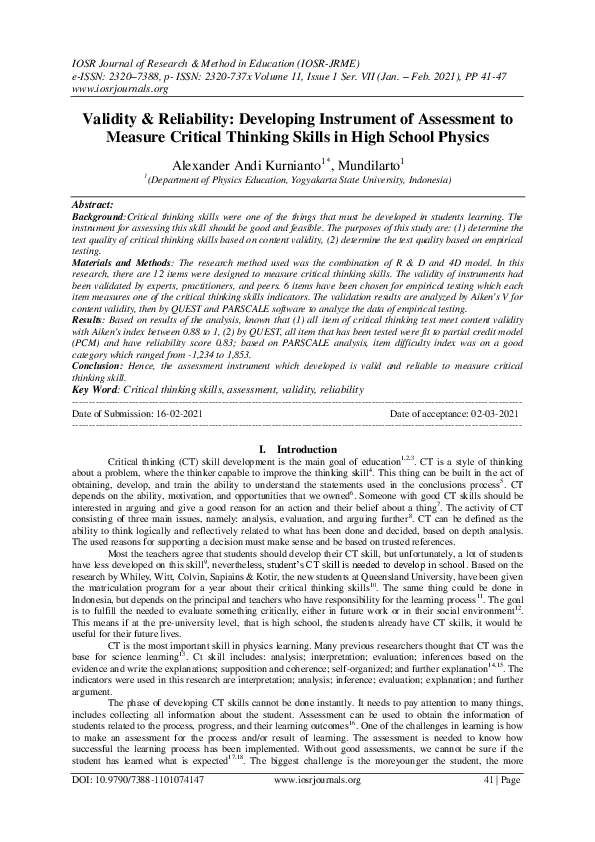 (PDF) Validity & Reliability: Developing Instrument of Assessment to ...