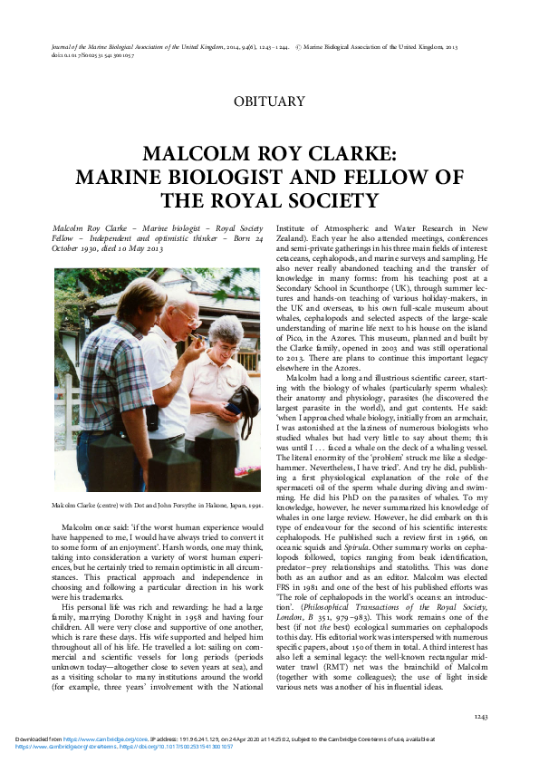(PDF) Malcolm Roy Clarke: Marine Biologist and Fellow of the Royal Society