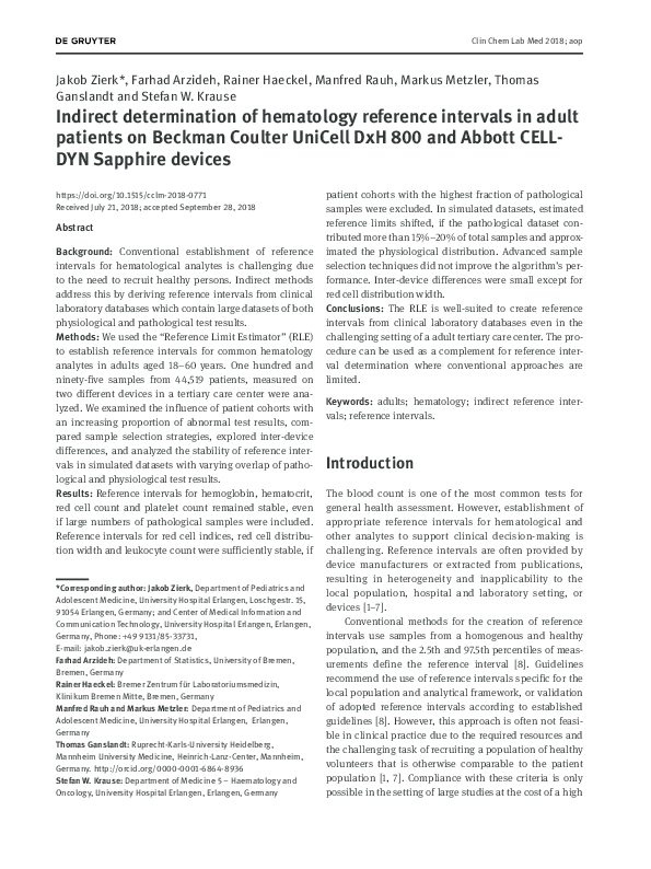 (PDF) Indirect determination of hematology reference intervals in adult ...