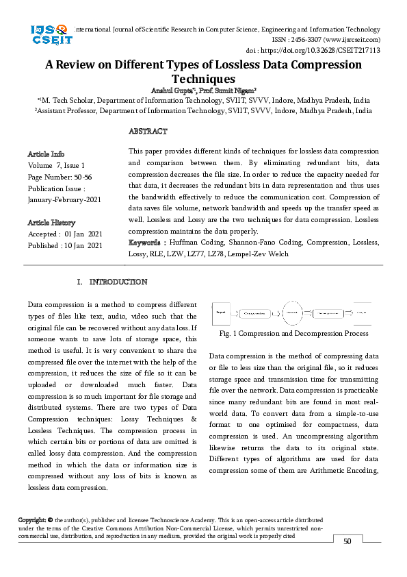 Pdf A Review On Different Types Of Lossless Data Compression Techniques
