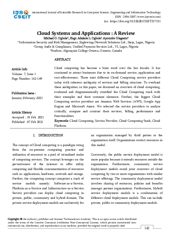 (PDF) Cloud Systems and Applications : A Review