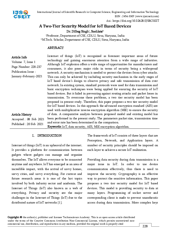 (PDF) A Two-Tier Security Model for IoT Based Devices