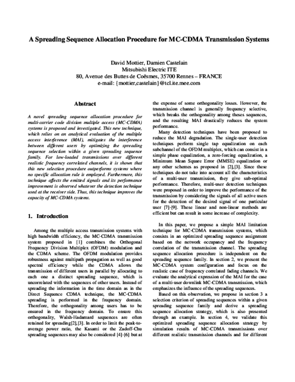 (PDF) A spreading sequence allocation procedure for MC-CDMA transmission systems