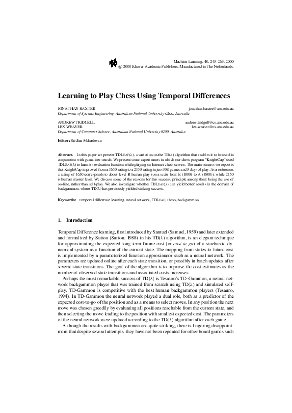 (PDF) Learning to play chess using temporal differences
