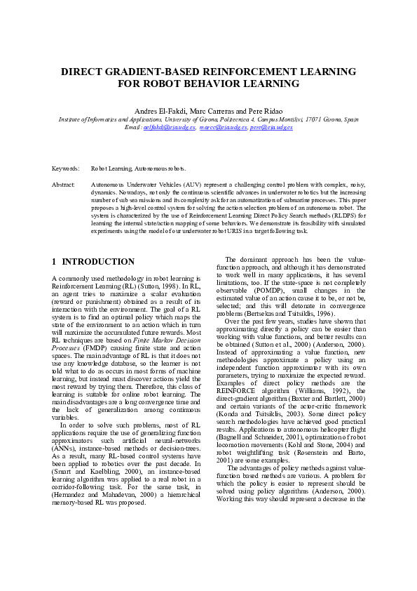 (PDF) Direct Gradient-Based Reinforcement Learning for Robot Behavior Learning