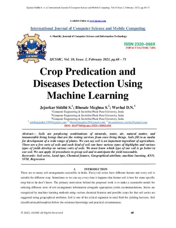 (PDF) Crop Predication and Diseases Detection Using Machine Learning﻿