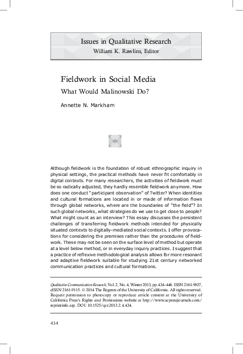 (PDF) Fieldwork in Social Media: What Would Malinowski Do? (galley ...