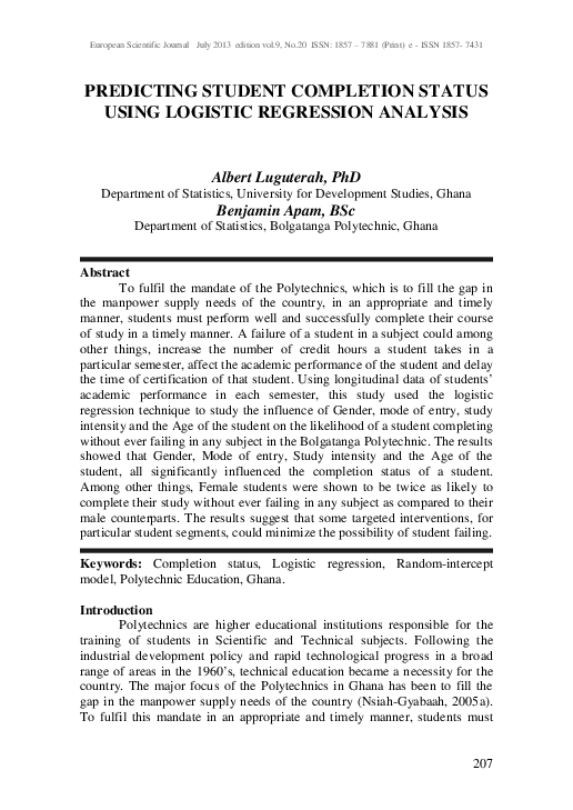 (PDF) Predicting Student Completion Status Using Logistic Regression Analysis