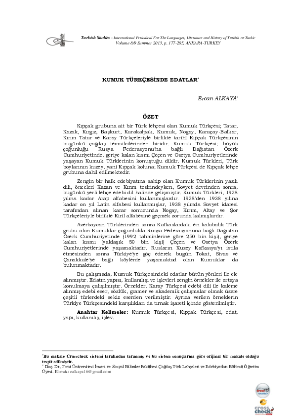 (PDF) KUMUK TÜRKÇESİNDE EDATLAR / THE PREPOSITIONS IN KUMUK TURKISH