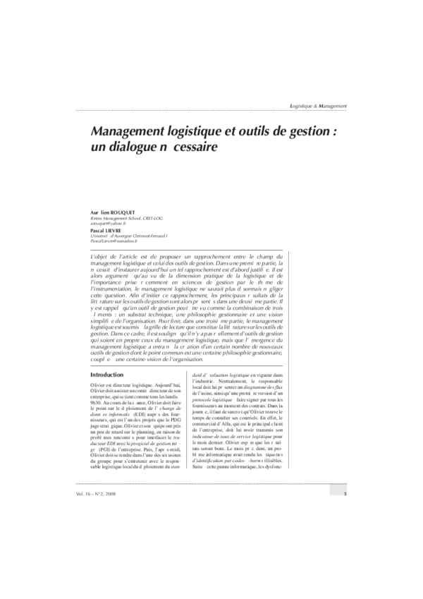 (PDF) Management logistique et outils de gestion : un dialogue nécessaire