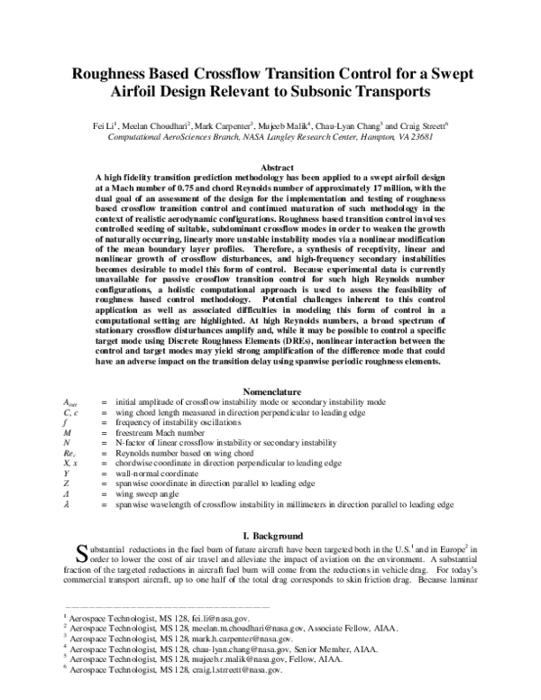(PDF) Roughness Based Crossflow Transition Control: A Computational Assessment