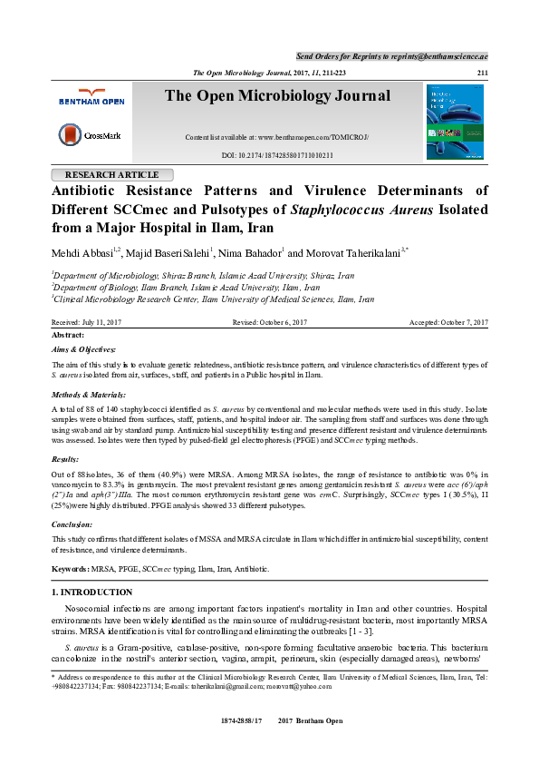 (PDF) Antibiotic Resistance Patterns and Virulence Determinants of Different SCCmec and ...